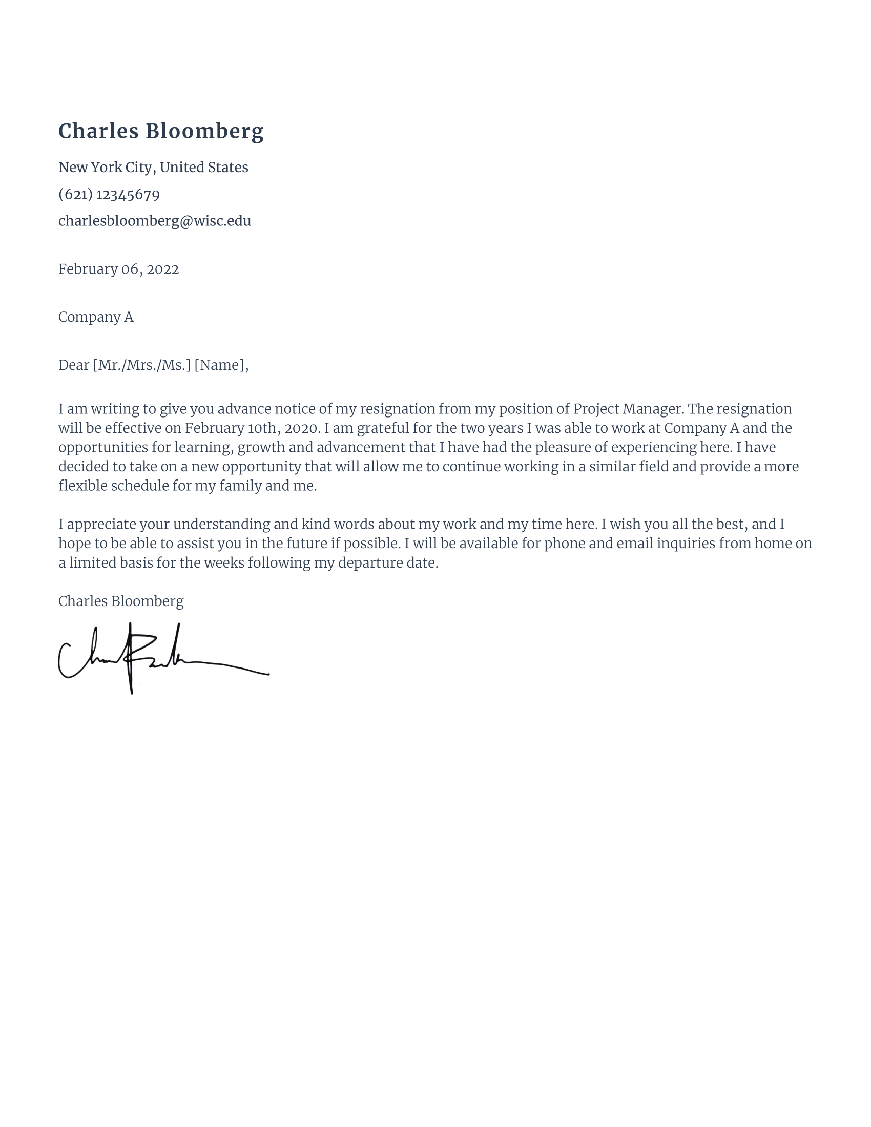 Free Short Term Notice Resignation Letter Sample - Rezi