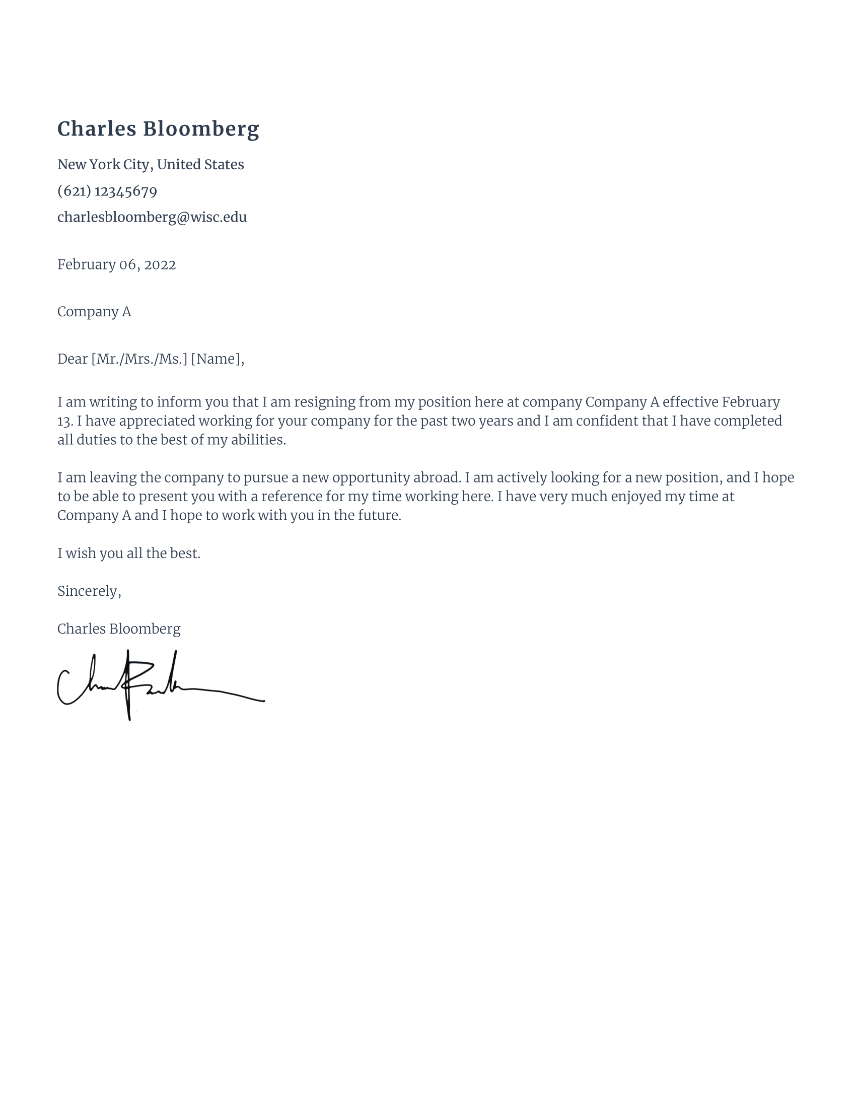 Free Resignation Letter with a Week Notice Sample - Rezi