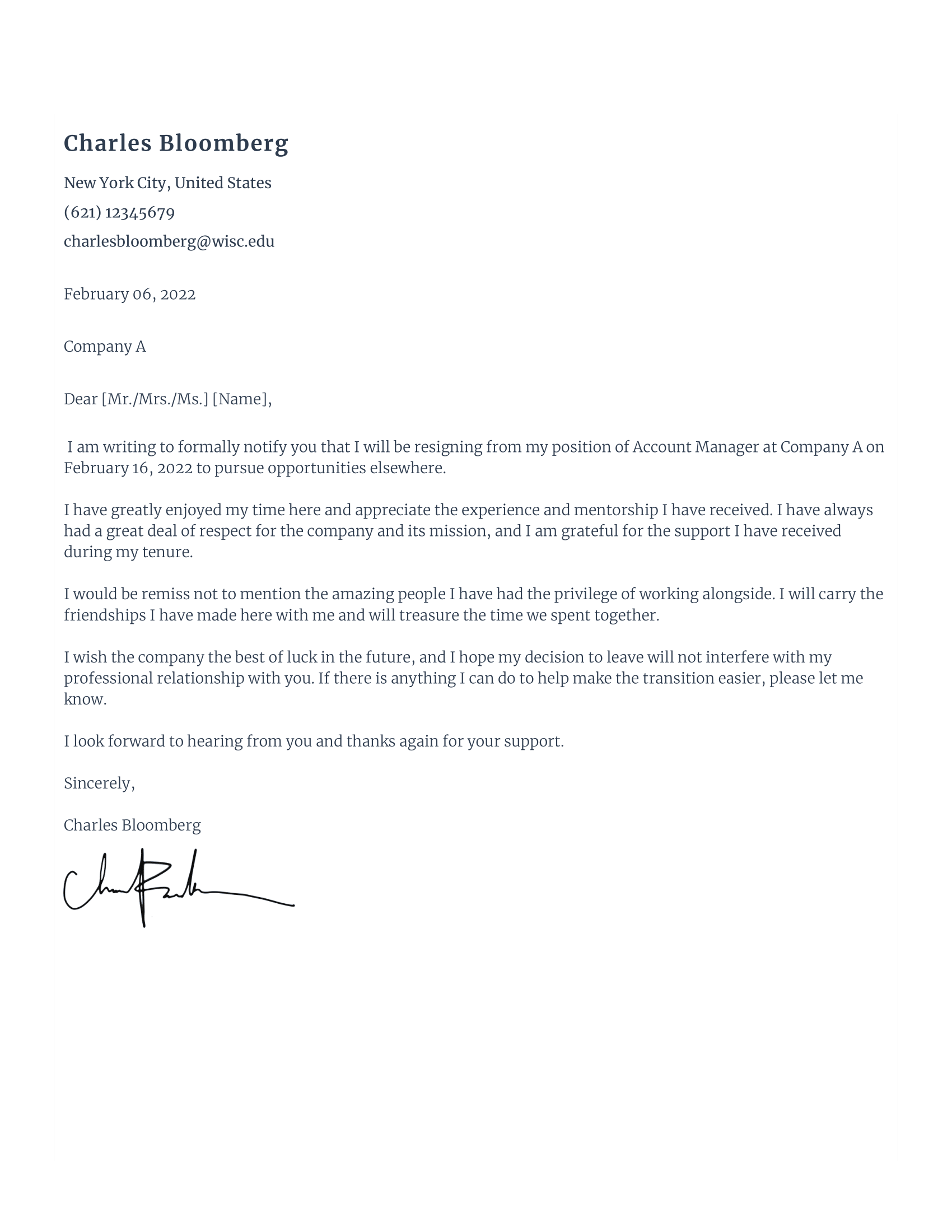 Free 10 Days Notice Resignation Letter Sample - Rezi