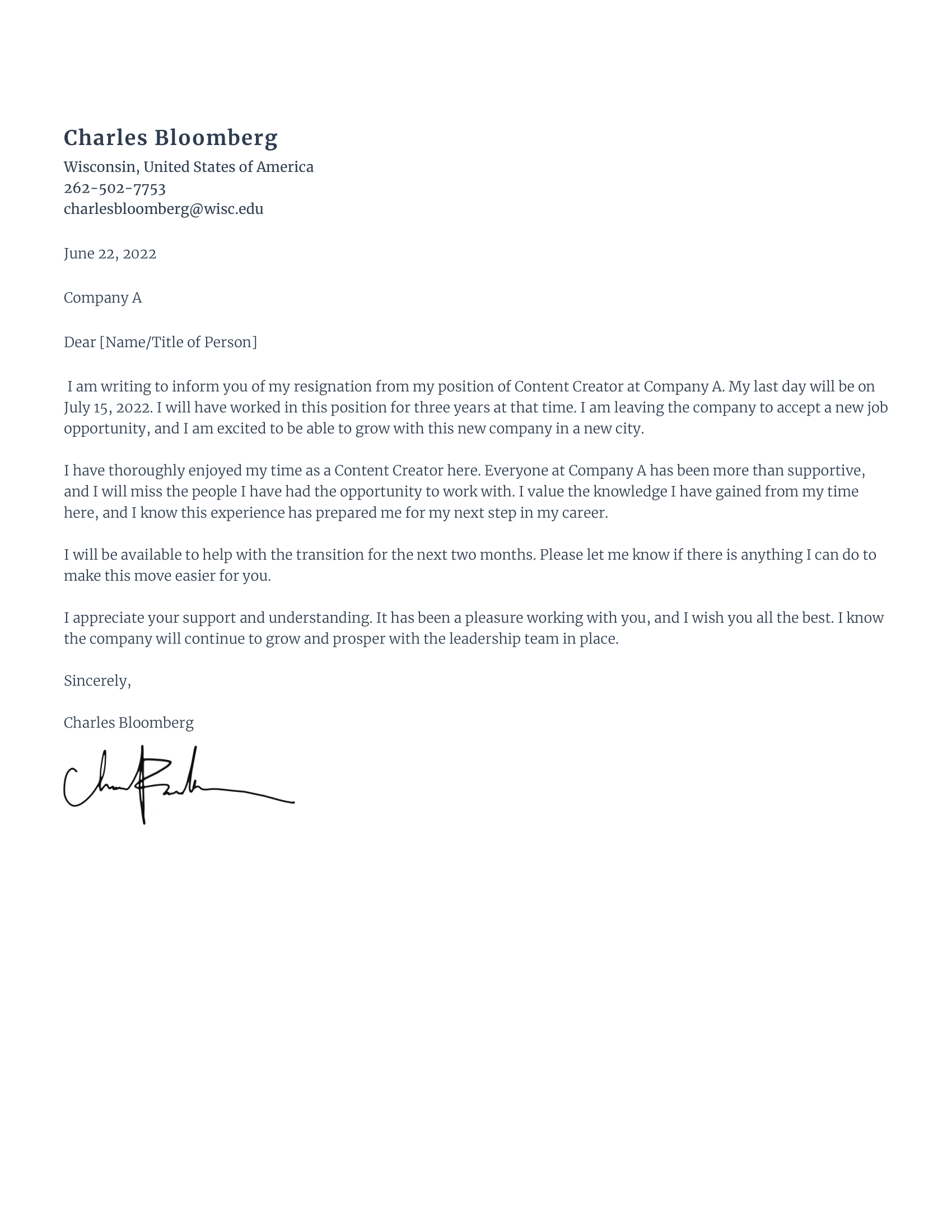 Free Content Creator Resignation Letter Sample - Rezi