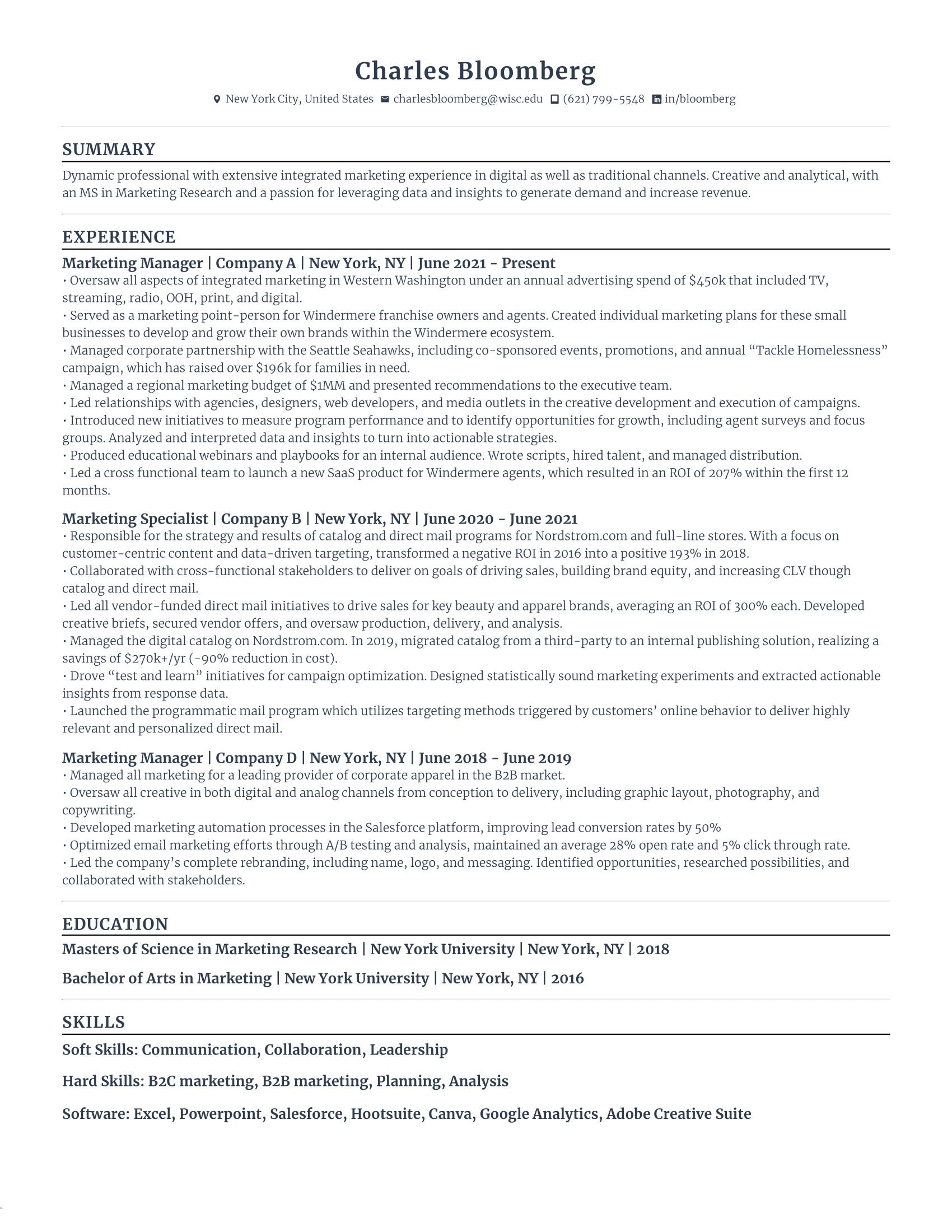 Creative Marketing Manager Resume