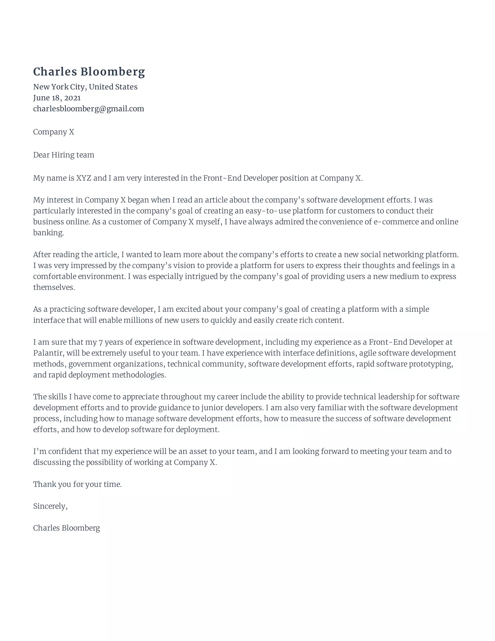 Free Front-End Developer Cover Letter Sample - Rezi