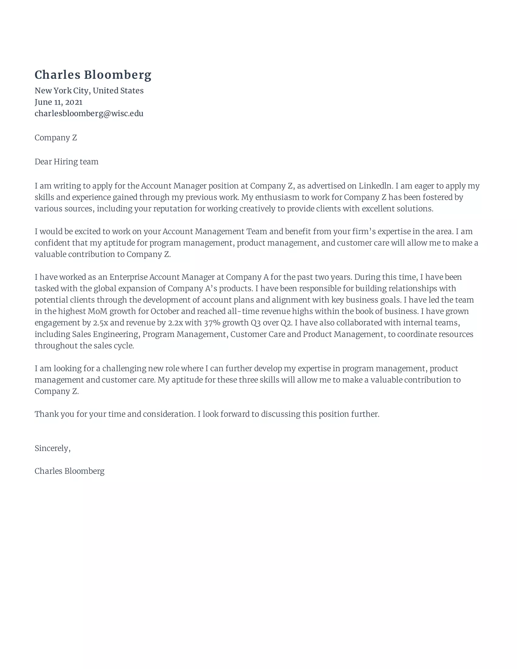 Free Account Manager Cover Letter Sample - Rezi