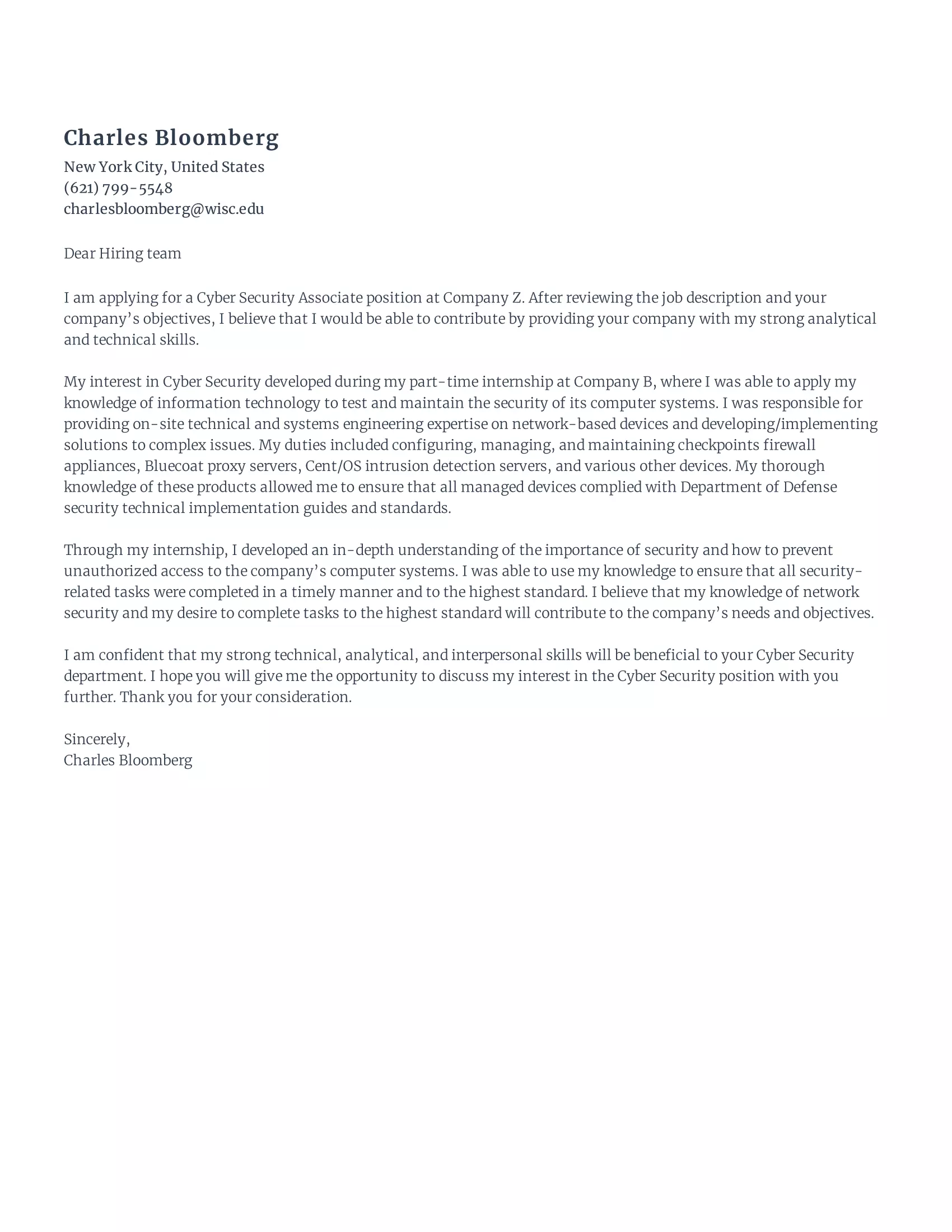 Free Cyber Security Associate Cover Letter Sample - Rezi