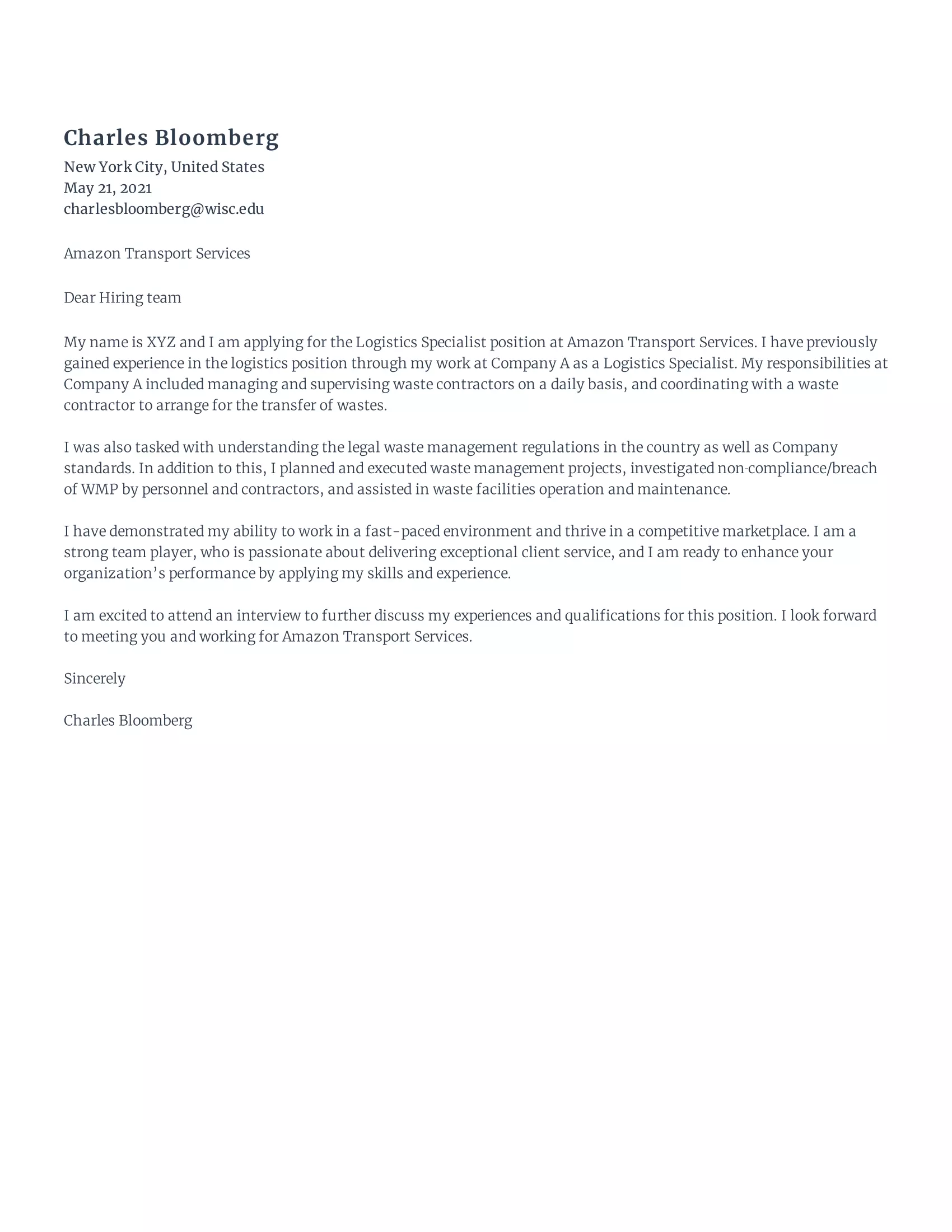 Free Logistics Specialist Cover Letter Sample - Rezi