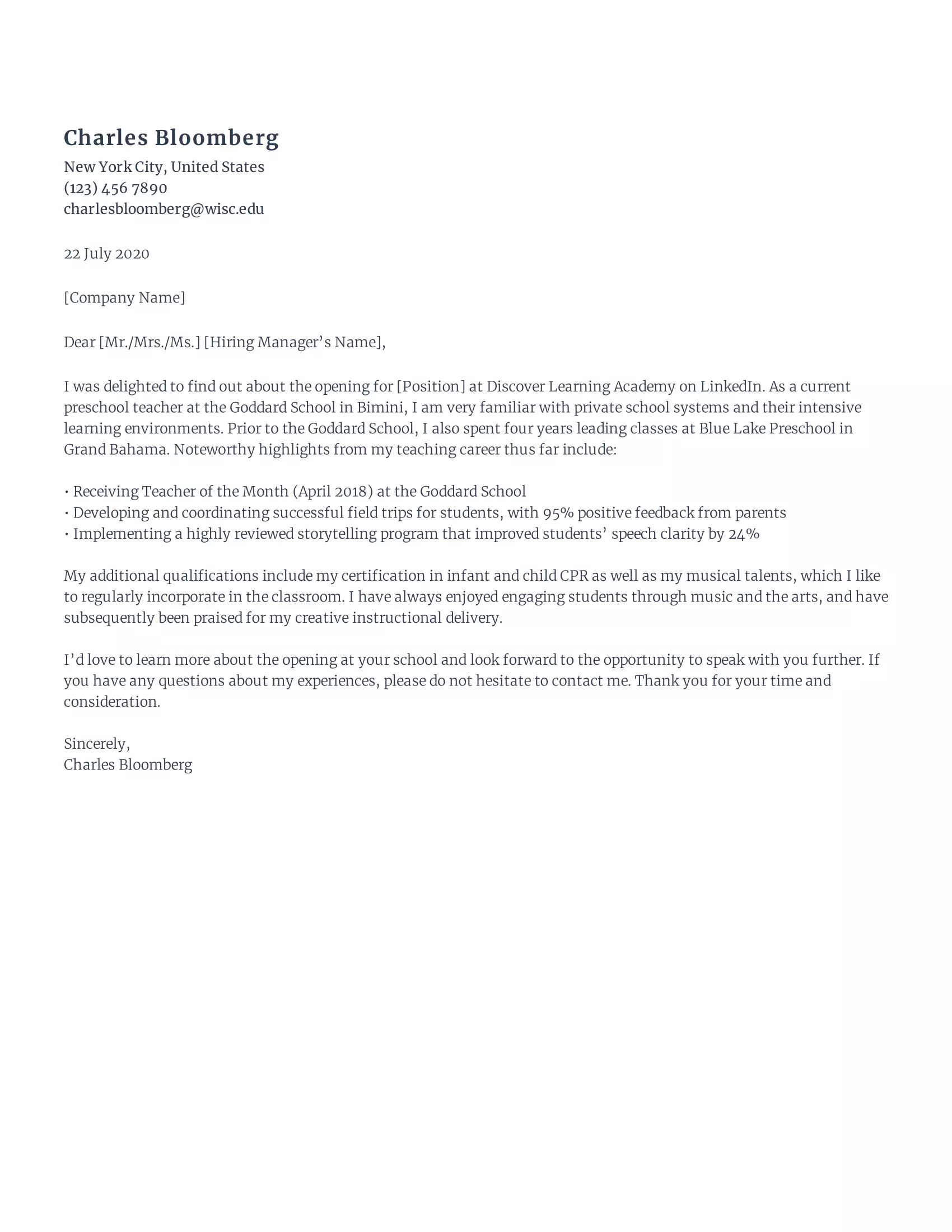 Free Preschool Teacher Cover Letter Sample Rezi
