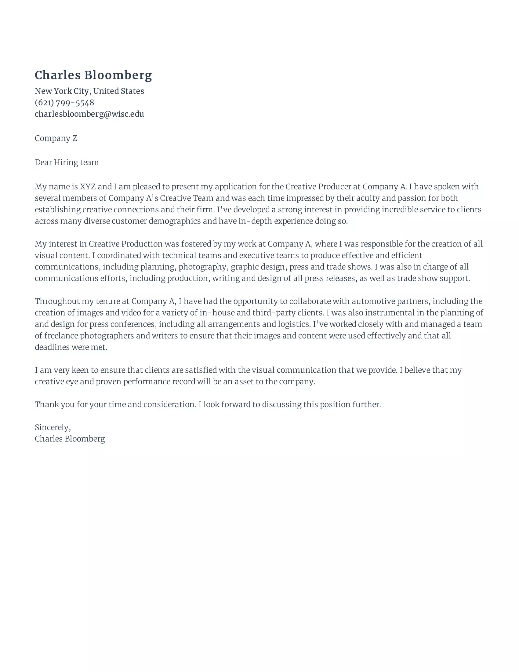 Free Creative Producer Cover Letter Sample - Rezi