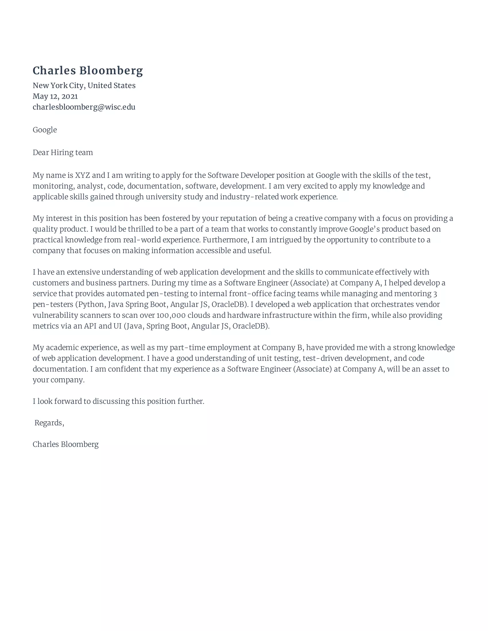 Free Software Developer Cover Letter Sample - Rezi