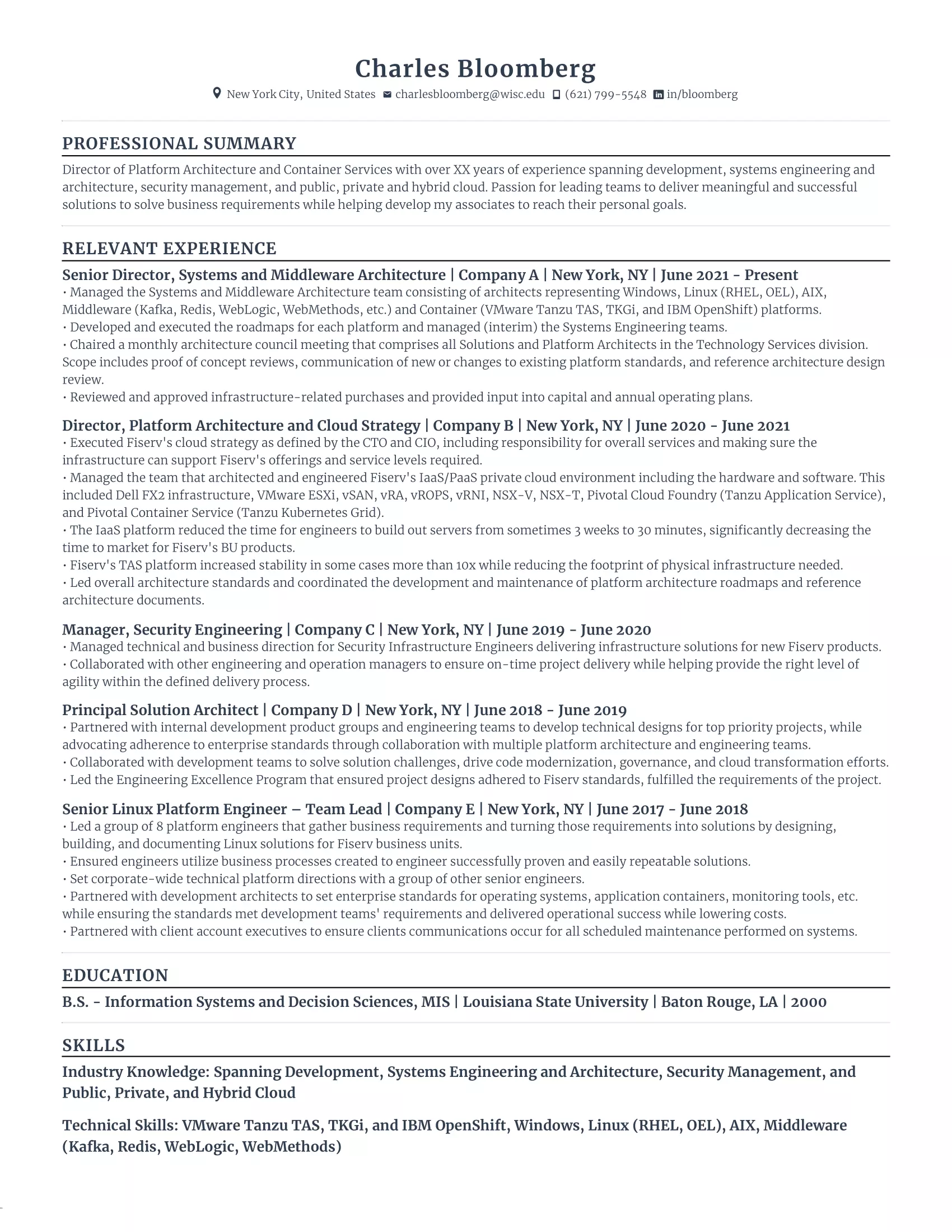 Director of Platform Architecture and Container Services Resume Example ...