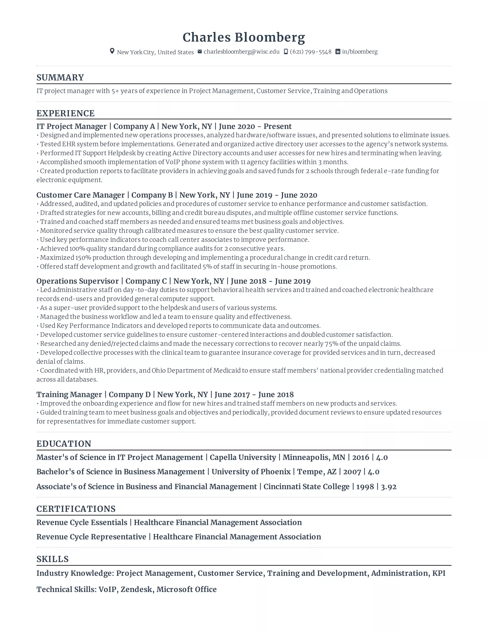 IT Project Manager Resume Example for 2023 - Rezi Ai