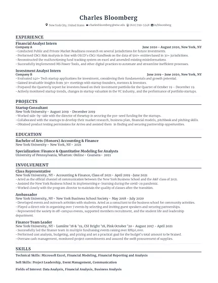 Financial Analyst Intern Resume Example for 2023 - Rezi Ai