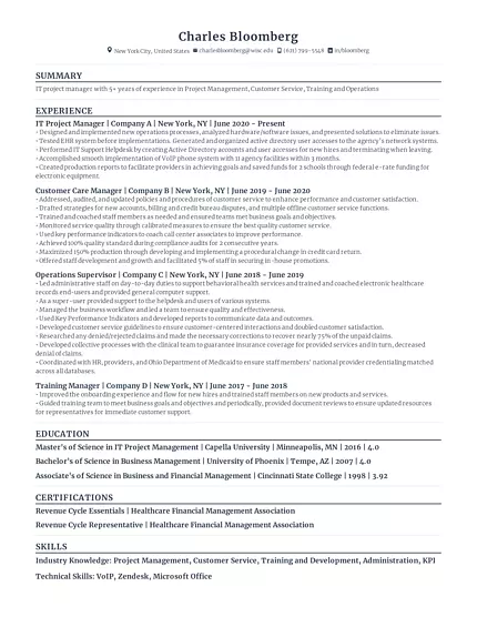 IT Project Manager Resume Example for 2023 - Rezi Ai