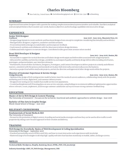 Web Designer Resume Example for 2023 - Rezi Ai
