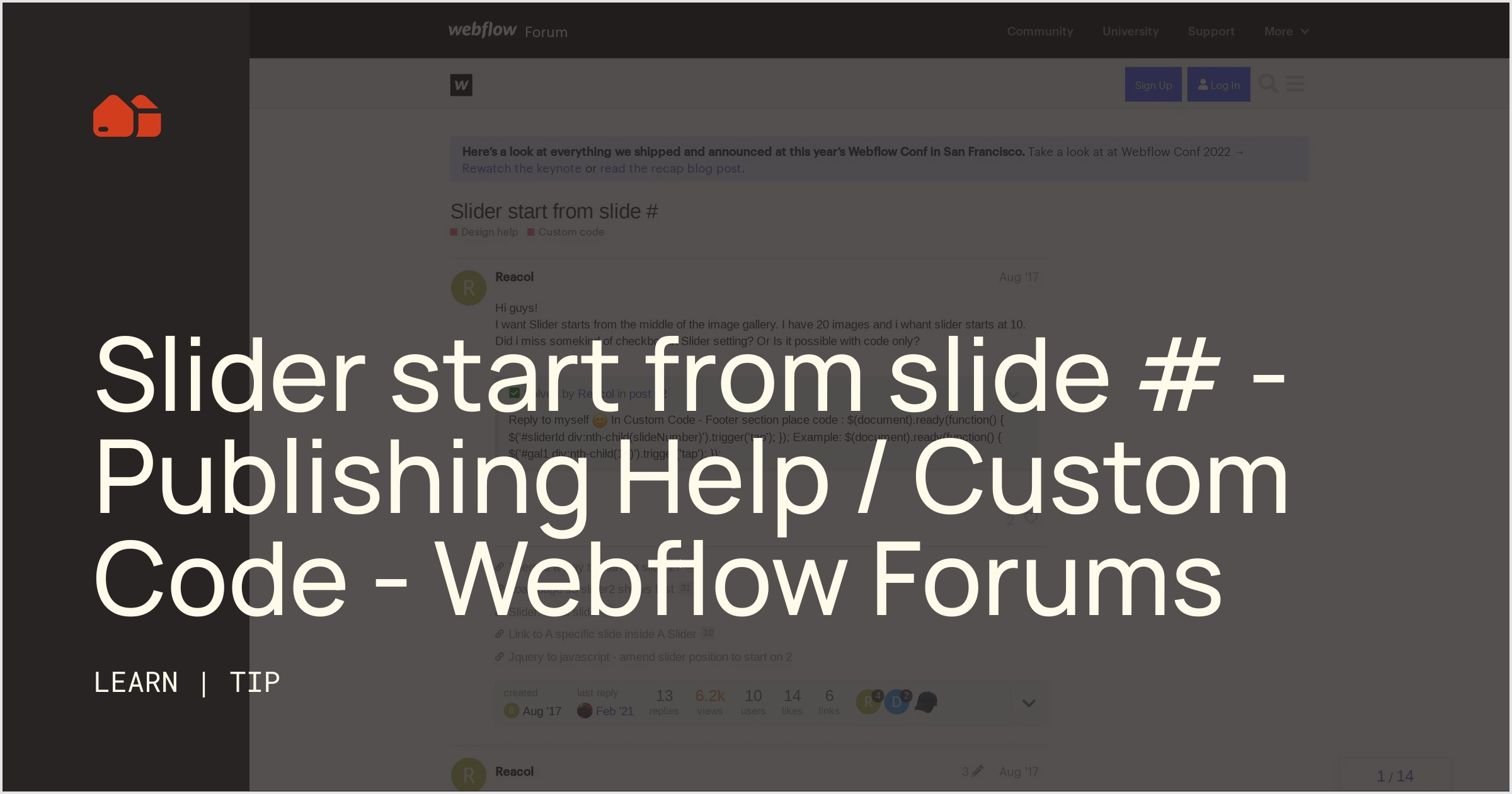 Slider start from slide # - Publishing Help / Custom Code - Webflow Forums [Tip] No-Code Supply Co.