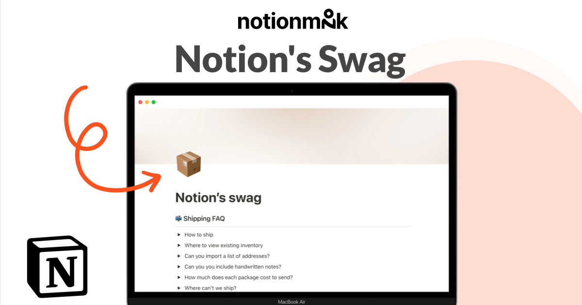 Free Notion swag template for managing and ordering promotional merchandise
