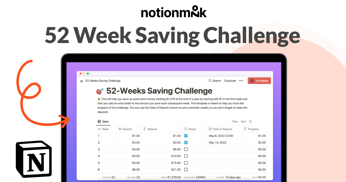 52-Week Savings Challenge Notion Template by Ratio App