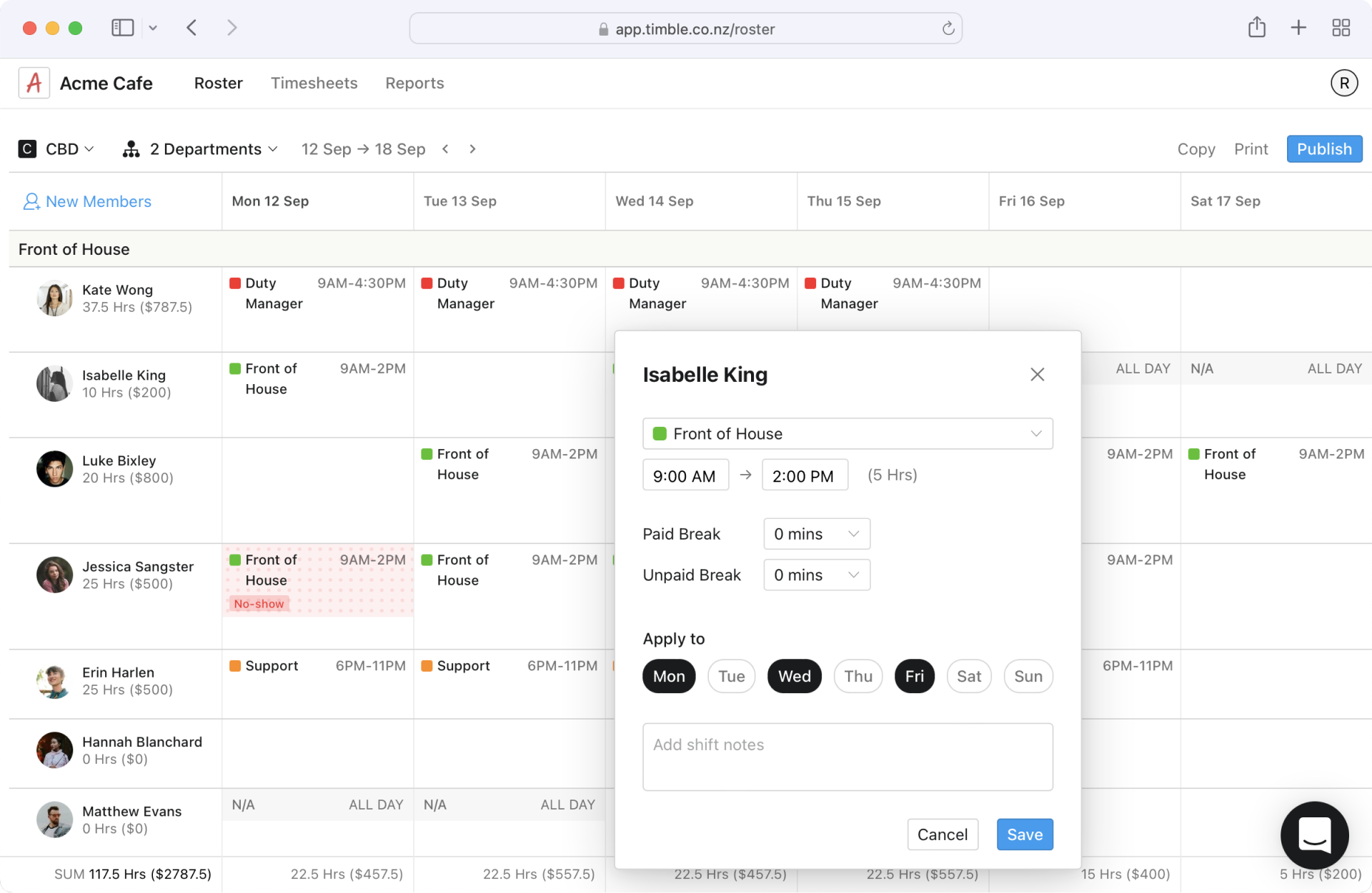 Hospitality Rostering Software - Timble NZ