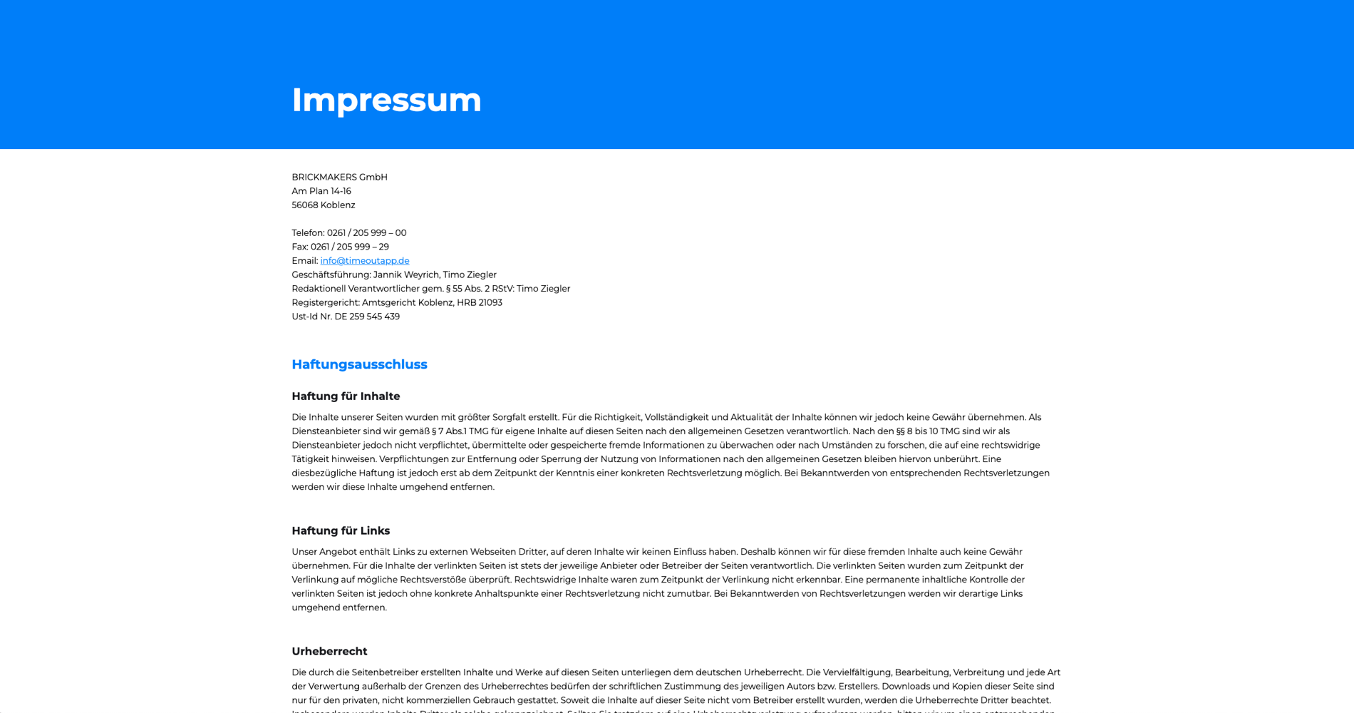 timeout App - Impressum