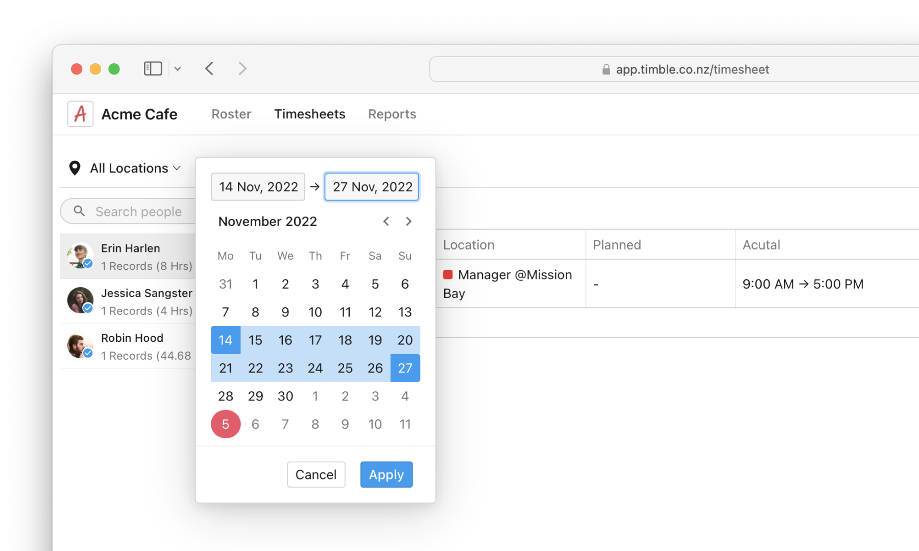 Timesheets custom date range - Timble