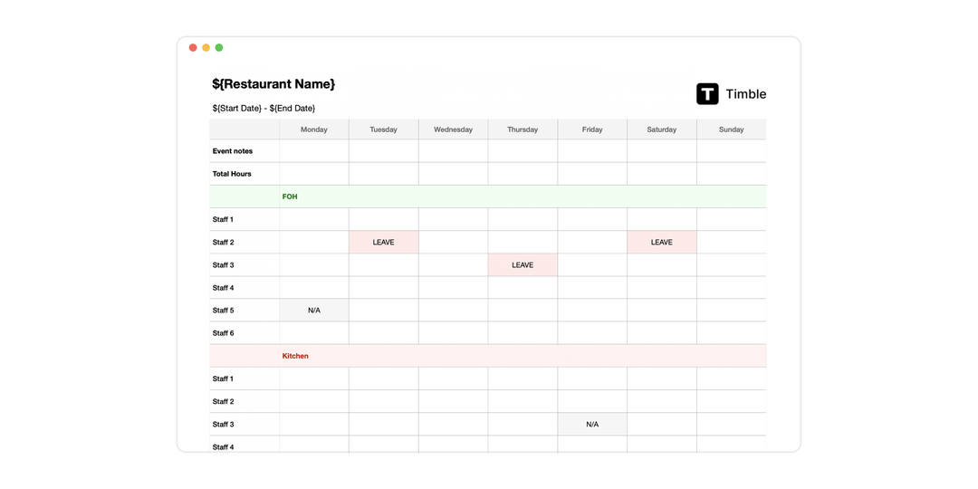 Restaurant Weekly Roster Template(Excel) Free - Timble