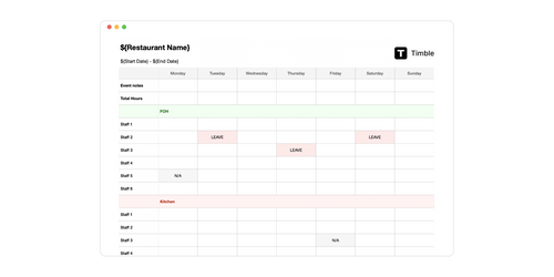 Restaurant Weekly Roster Template(Excel) Free - Timble