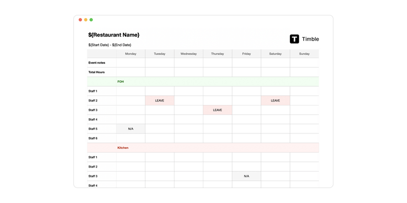 Restaurant Weekly Roster Template(Excel) Free - Timble