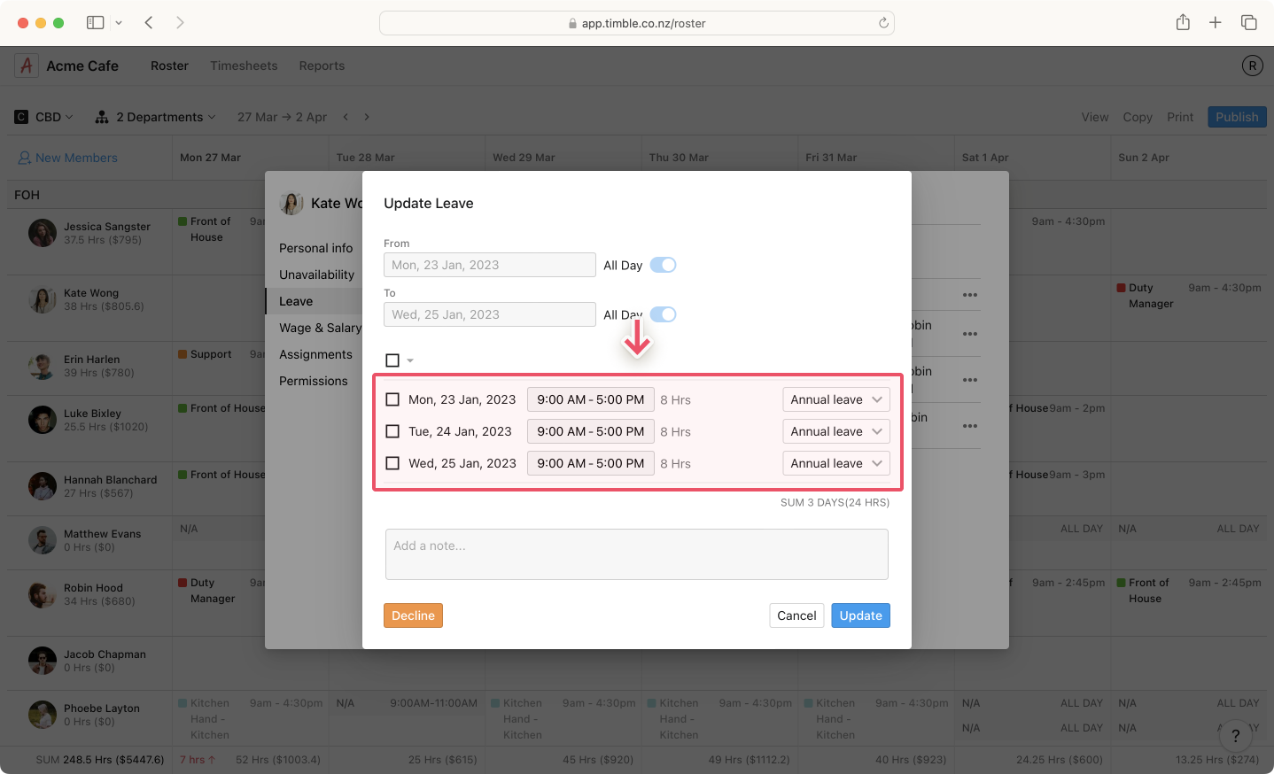 Editable leave - Timble