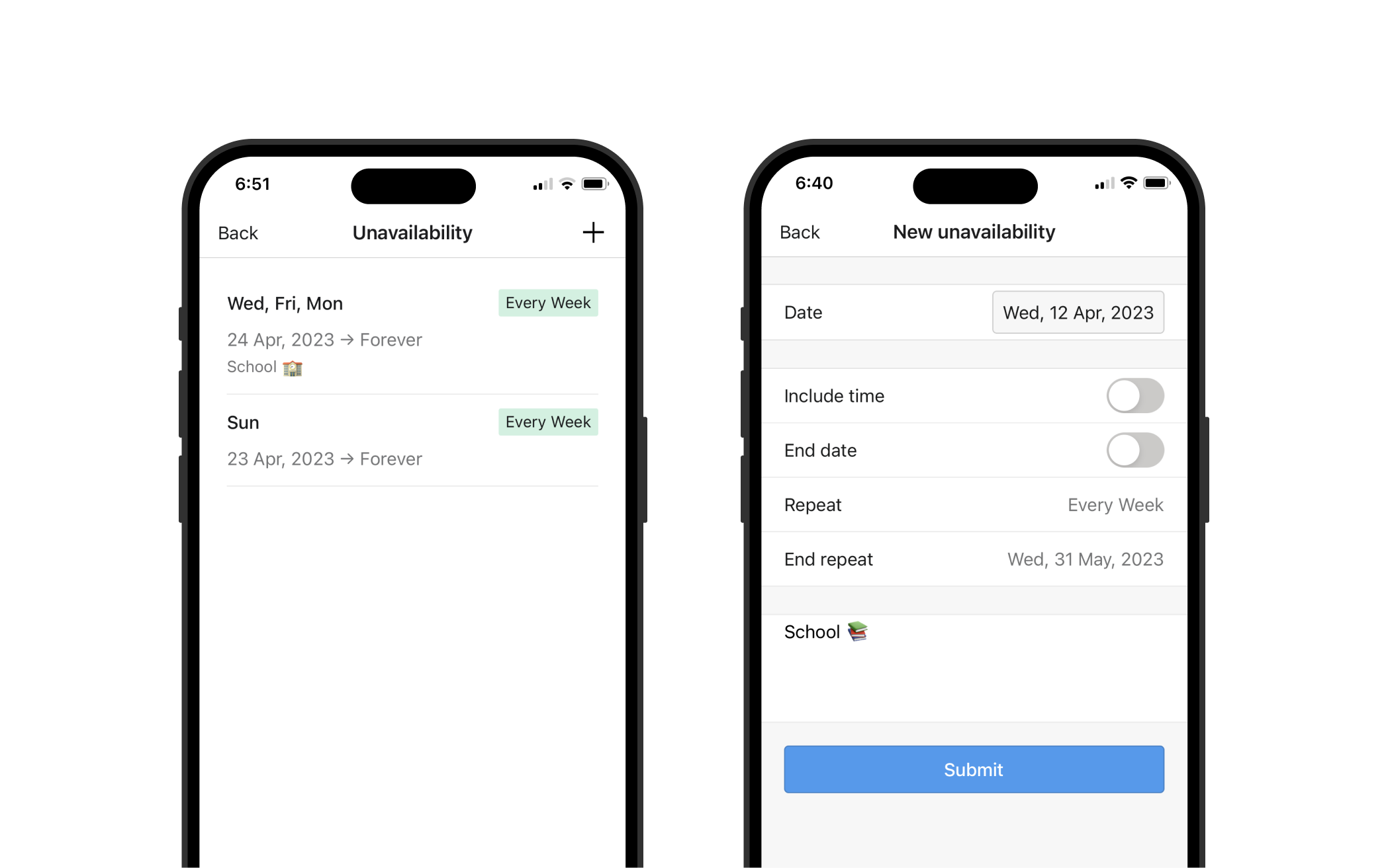 Staff members can submit their own unavailability and more - Timble