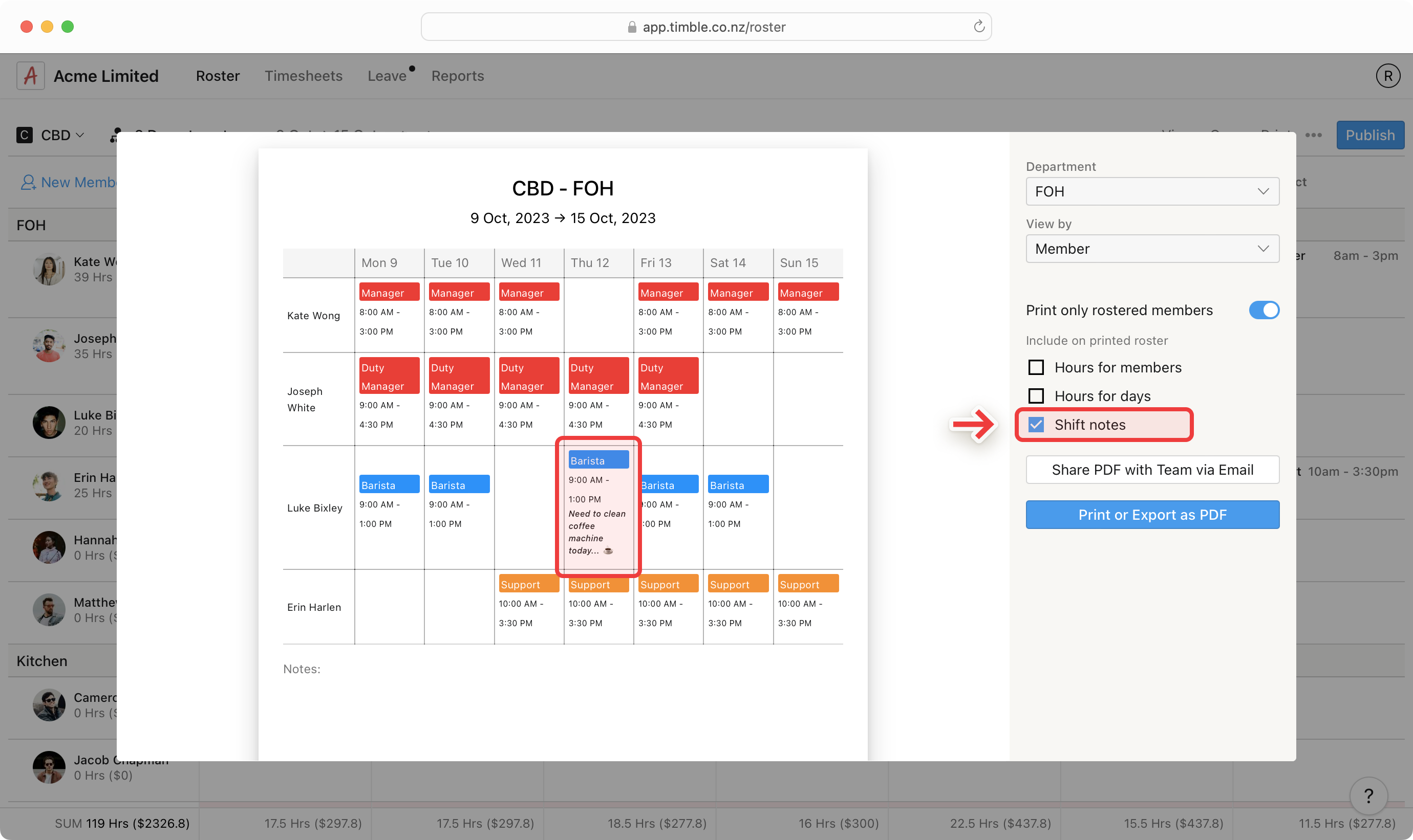Adding notes when signing in/out - Timble