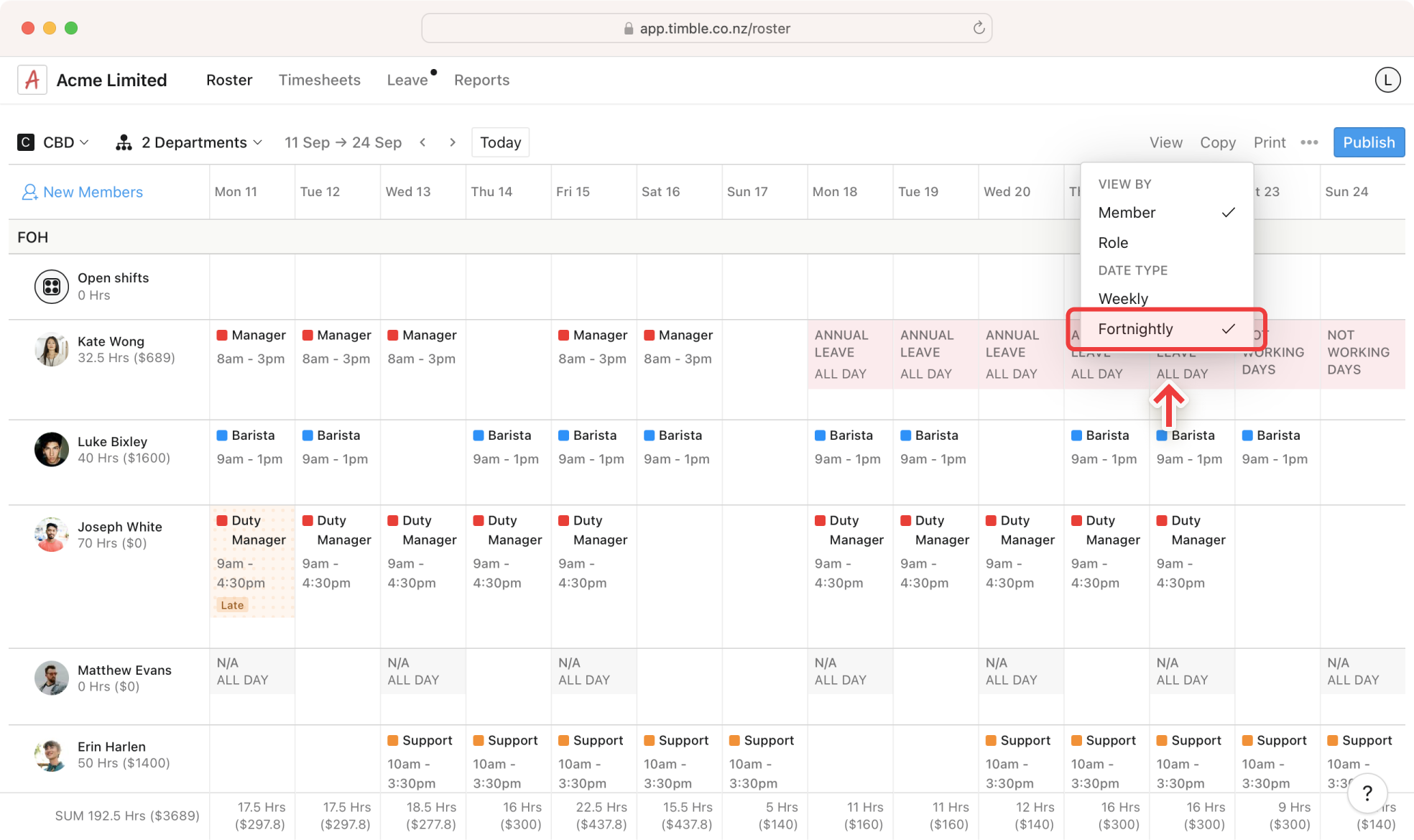 Enhanced 2-week roster view - Timble
