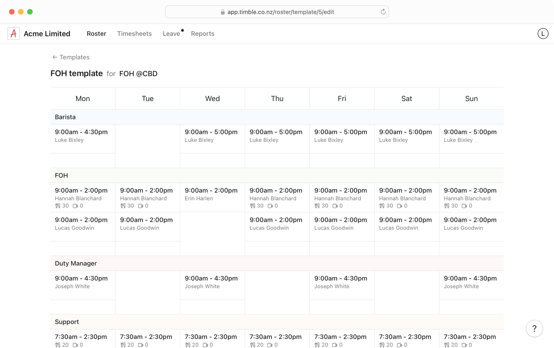 Rostering templates - Timble