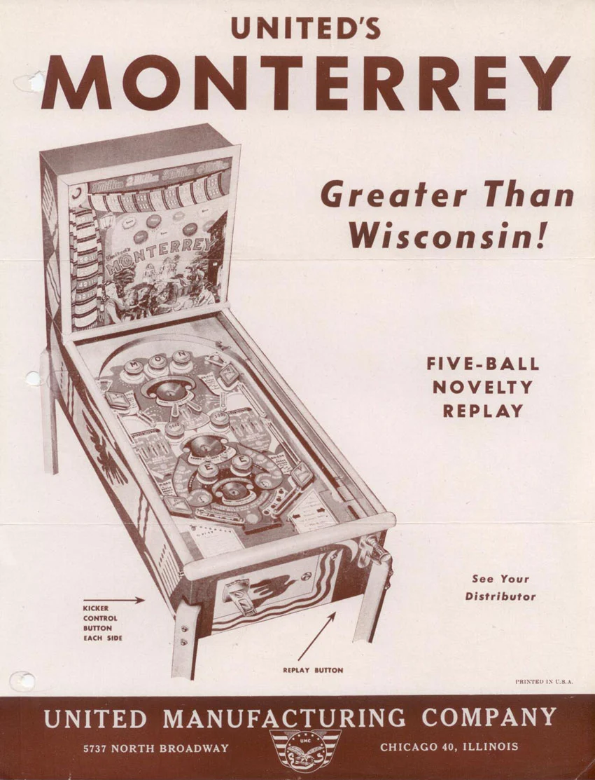 Monterrey (1948) Pinball Machine by United Manufacturing Co.