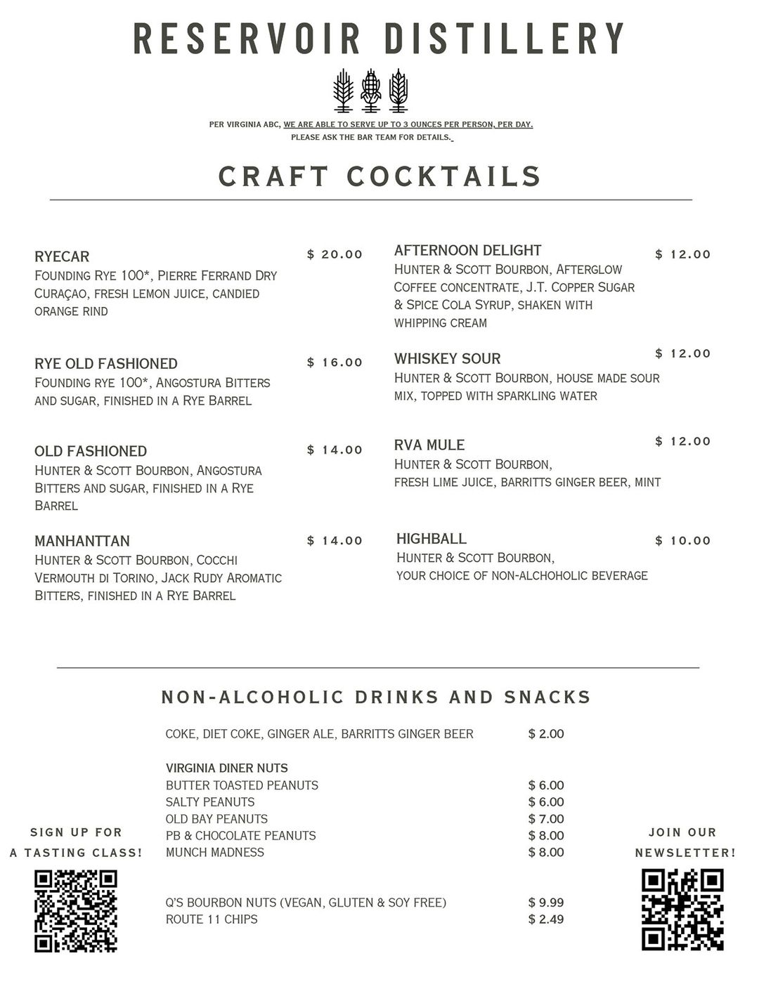 Reservoir Distillery • Tasting Room Menu