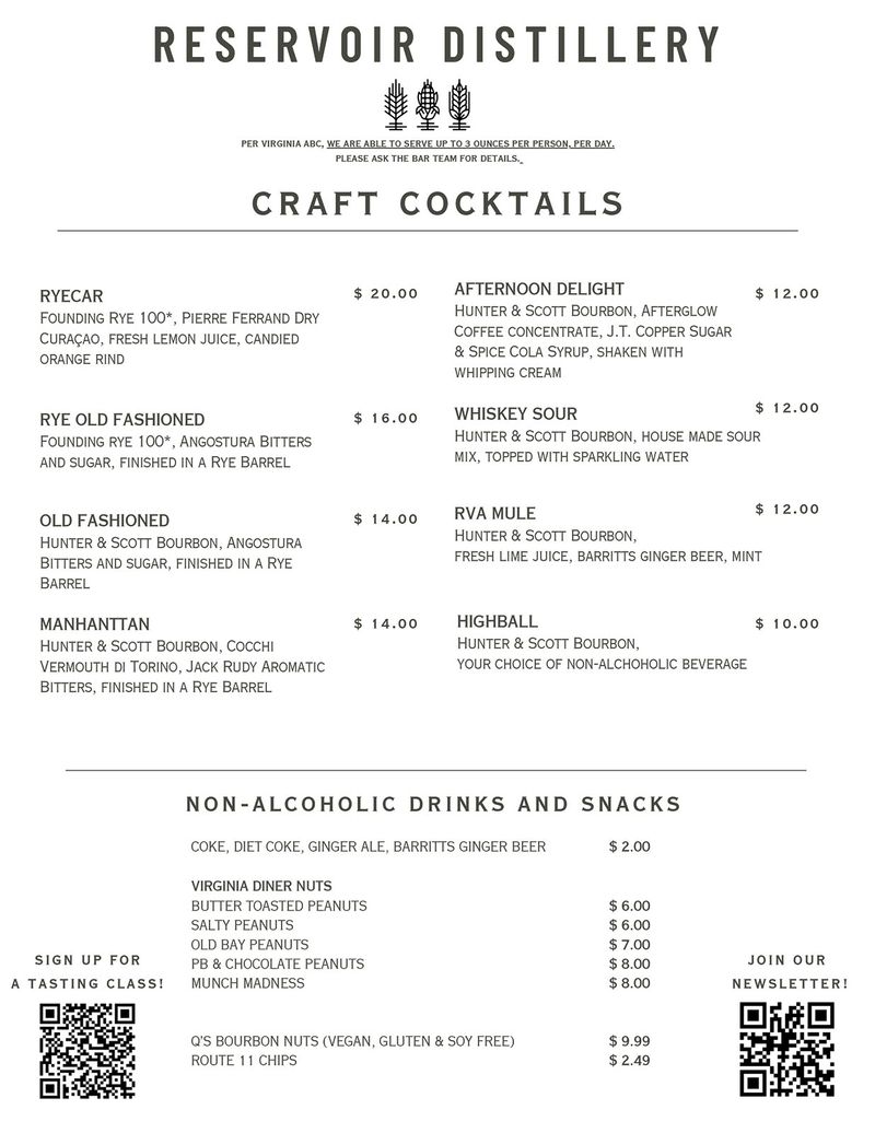 Reservoir Distillery • Tasting Room Menu