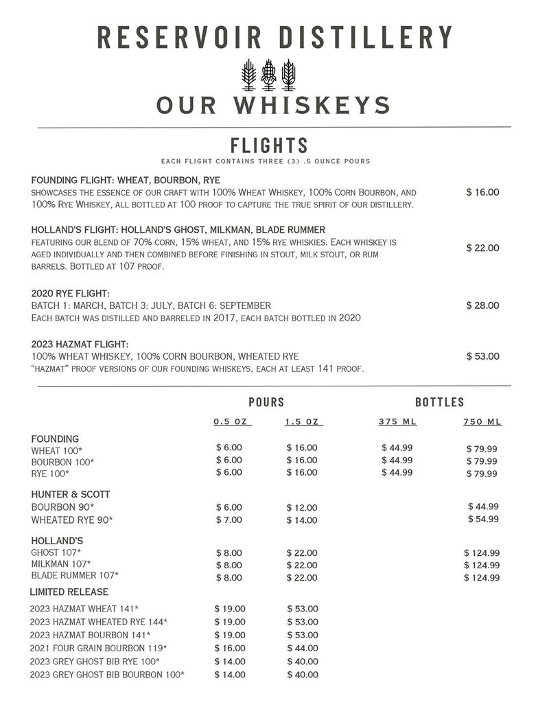Reservoir Distillery • Tasting Room Menu