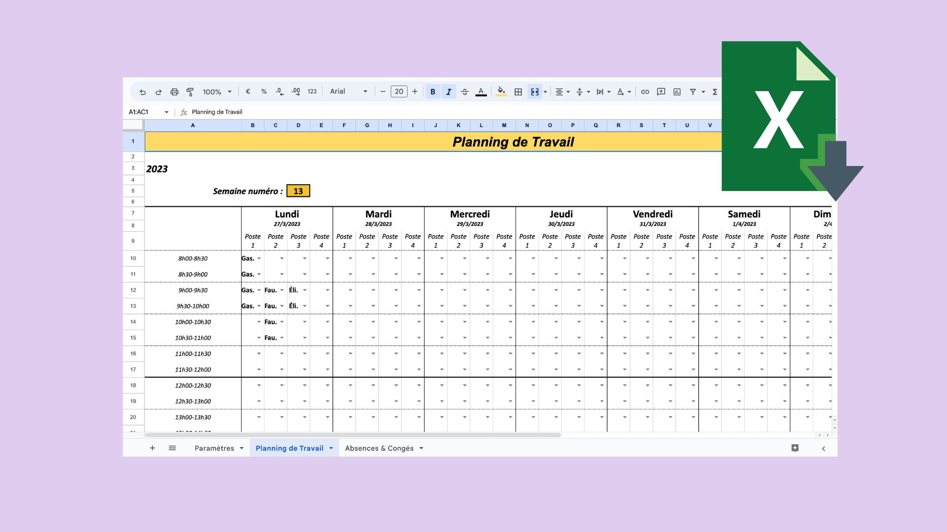 Template - Modèle Excel - Planning de travail