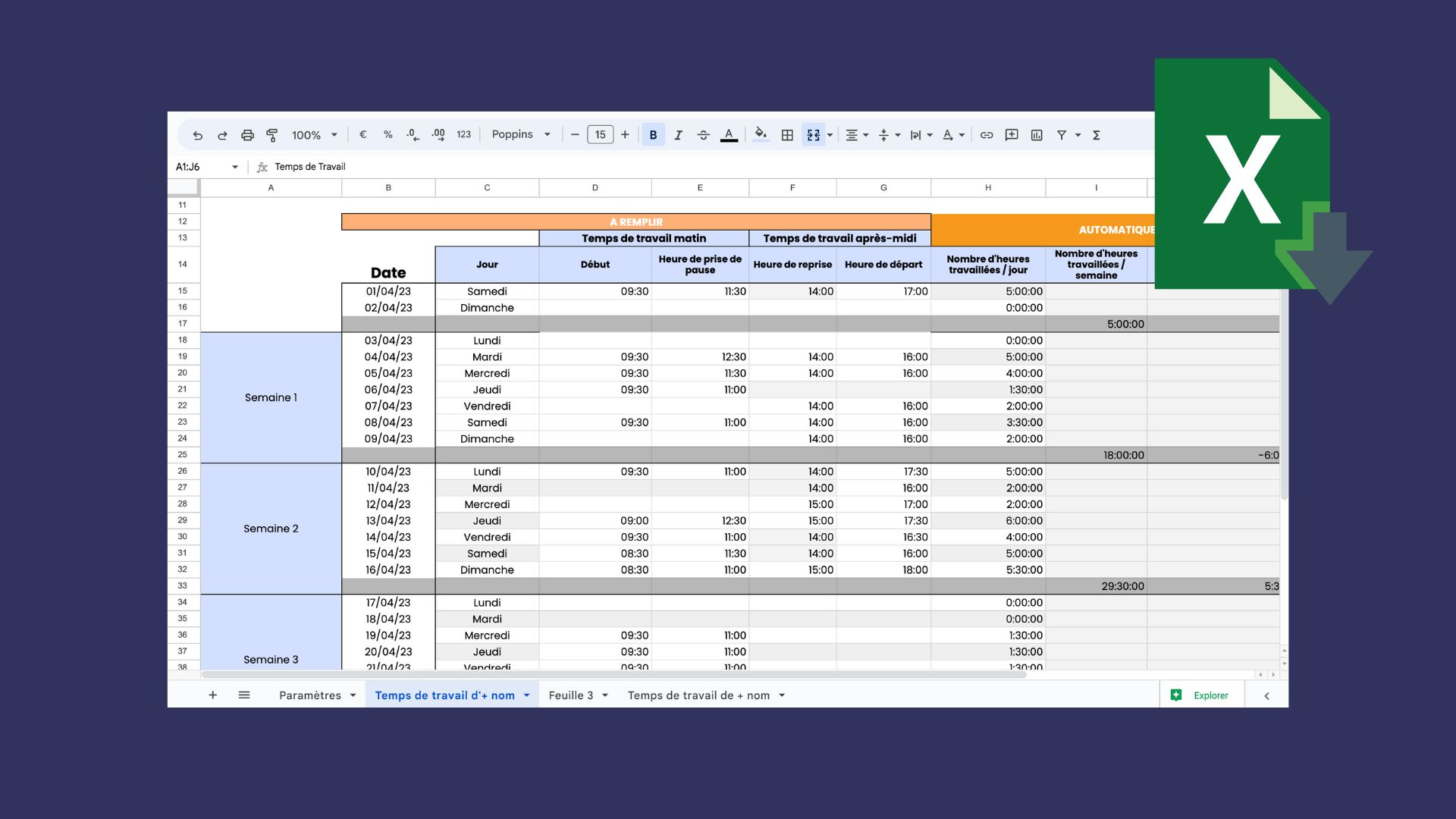 Template - Modèle Excel - Calcul des heures de travail