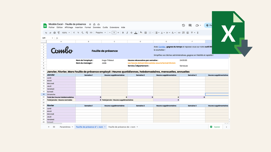Template - Modèle Excel - Feuille de présence