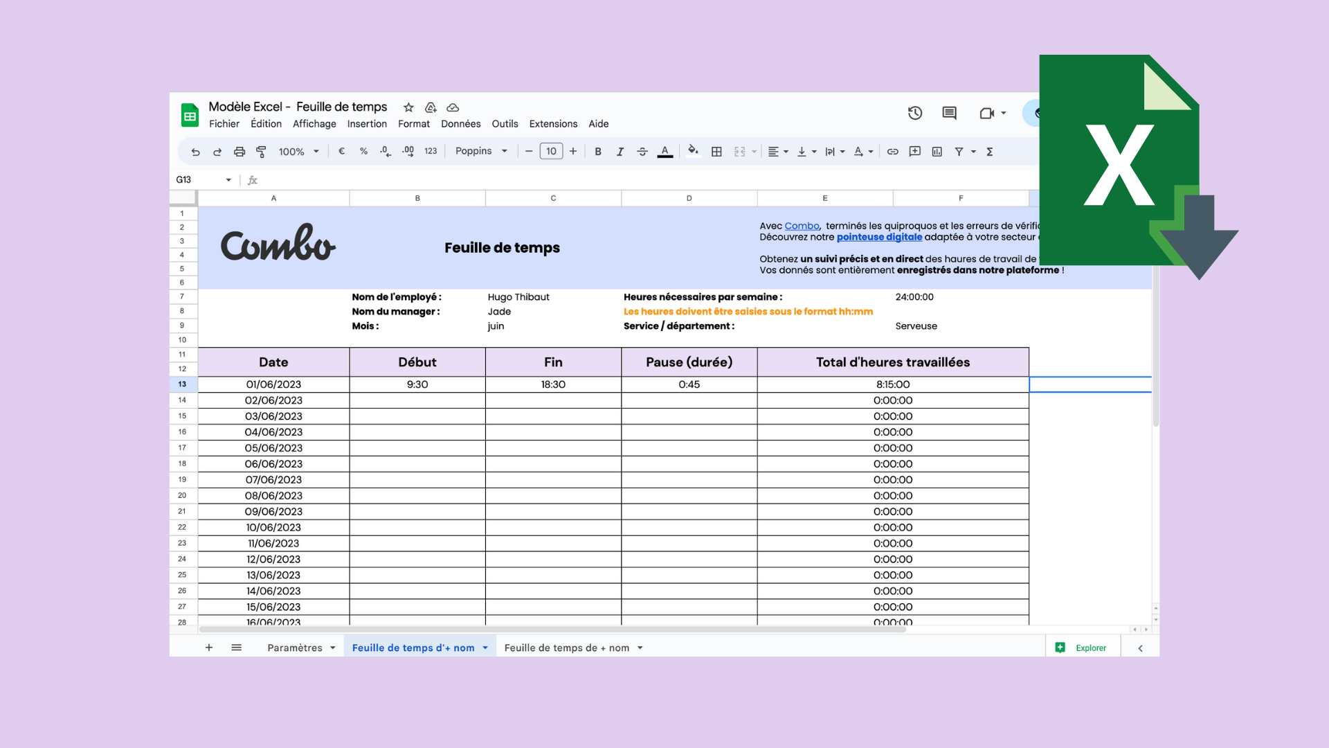 Template - Modèle Excel - Feuille de temps