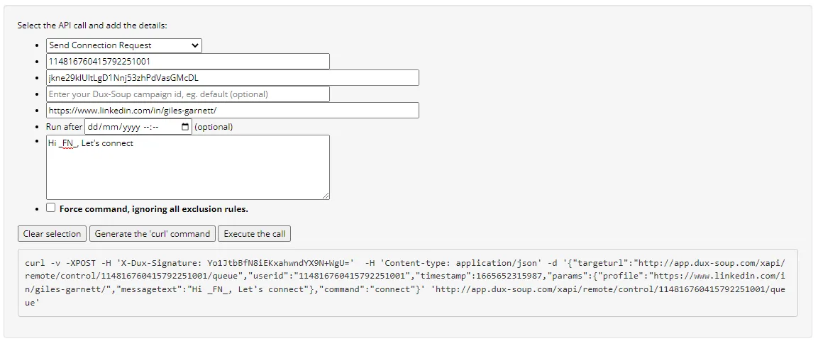 Test Dux-Soup API with Postman