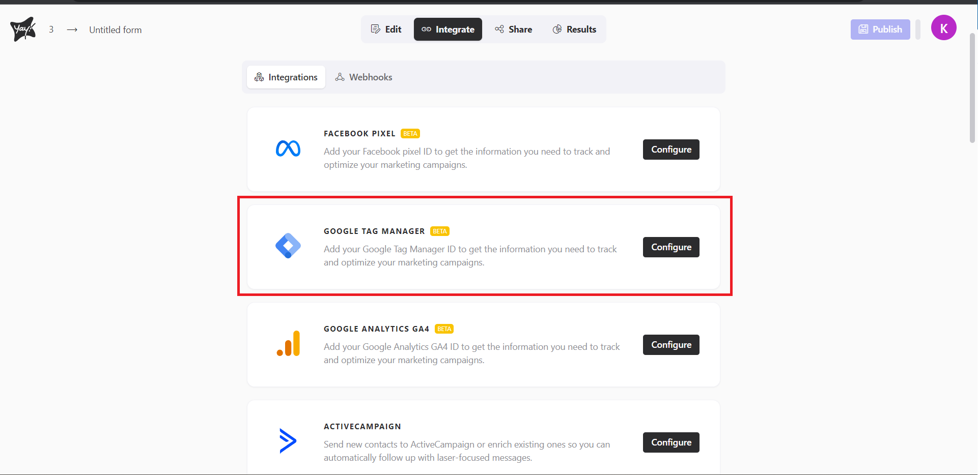 Integrate Yay! Forms with Google Tag Manager