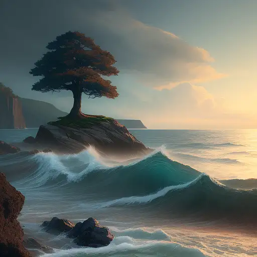 Sea rock wave tree Stable Diffusion prompt - Midjourney