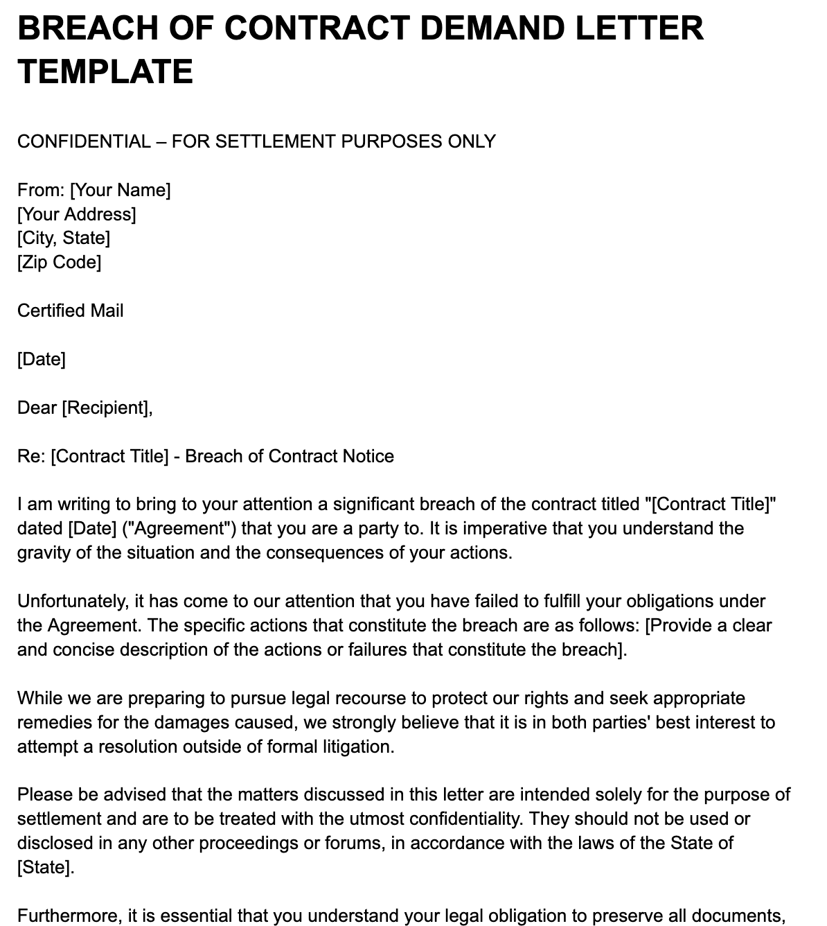Breach of Contract Demand Letter Template | Debitura