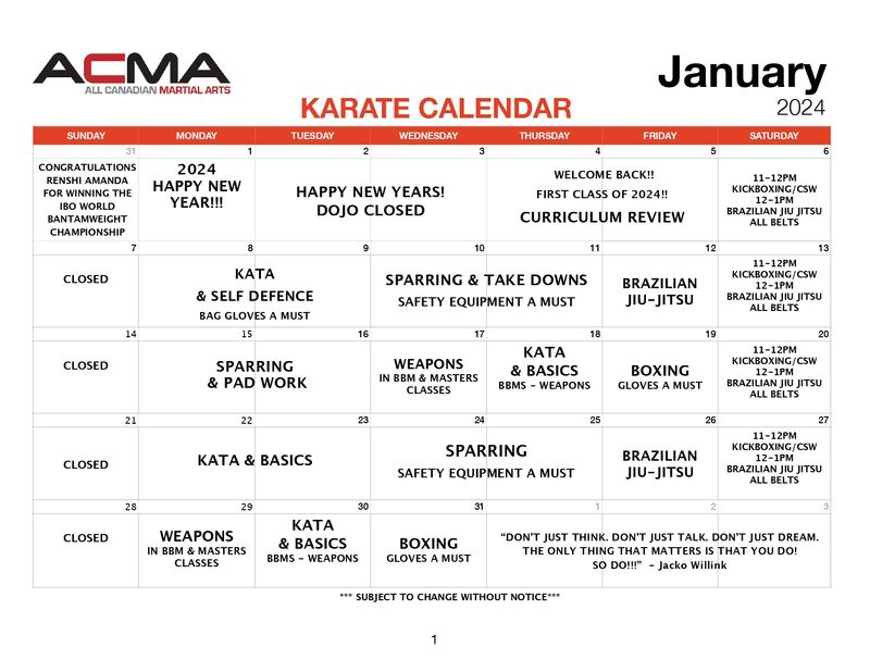 Karate Calendar
