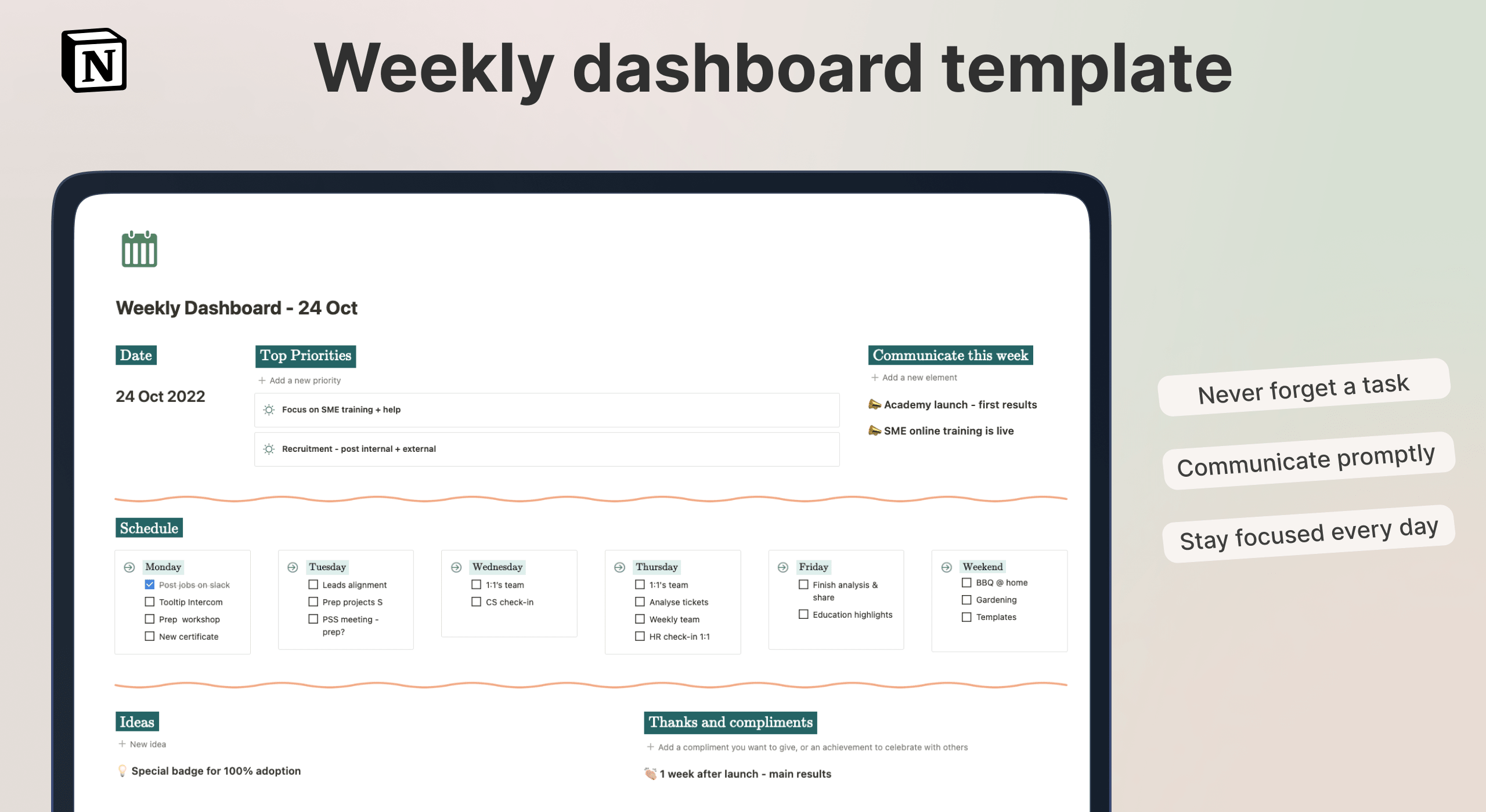 Weekly Dashboard 2.0 - Notionland Template Gallery