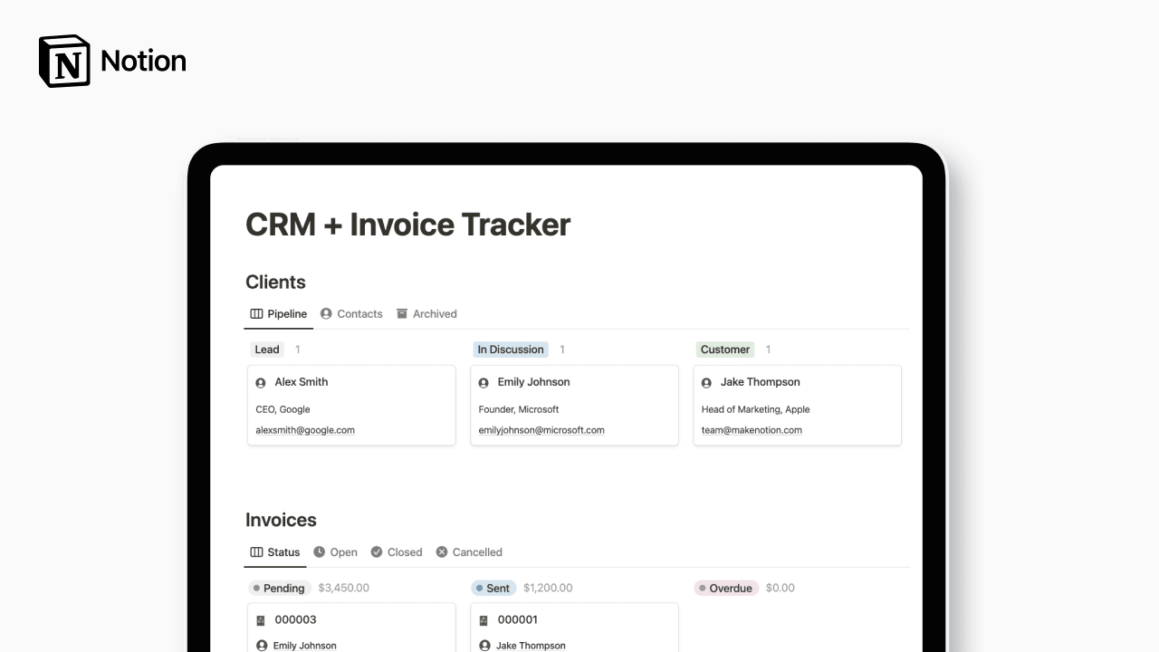 CRM + Invoice Tracker - Notionland Template Gallery