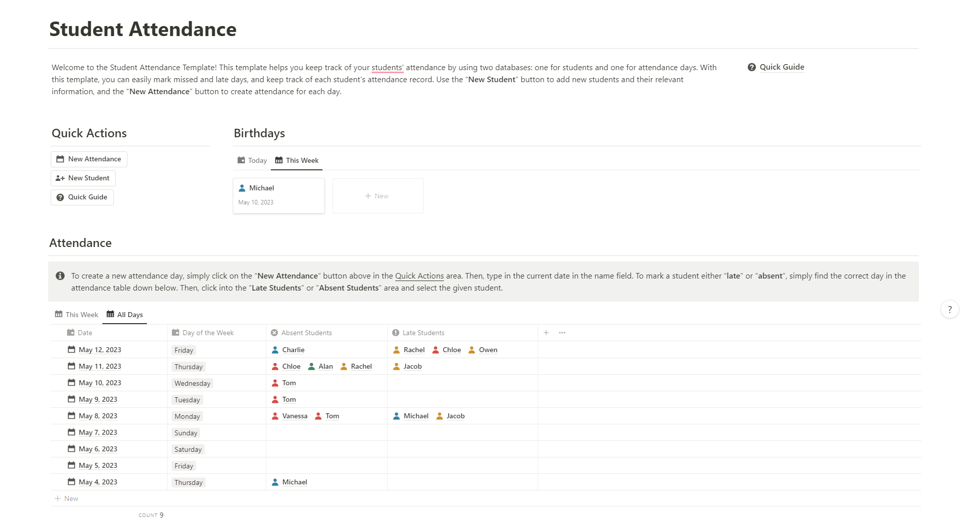 Student Attendance Tracker - Notionland Template Gallery