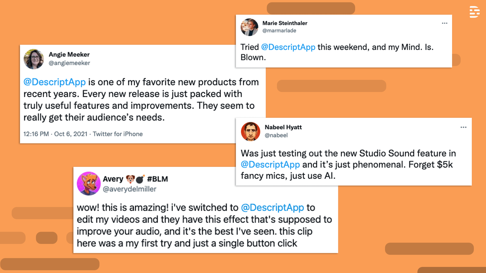 Screenshots of tweets from happy Descript users mentioning their favorite new features ...