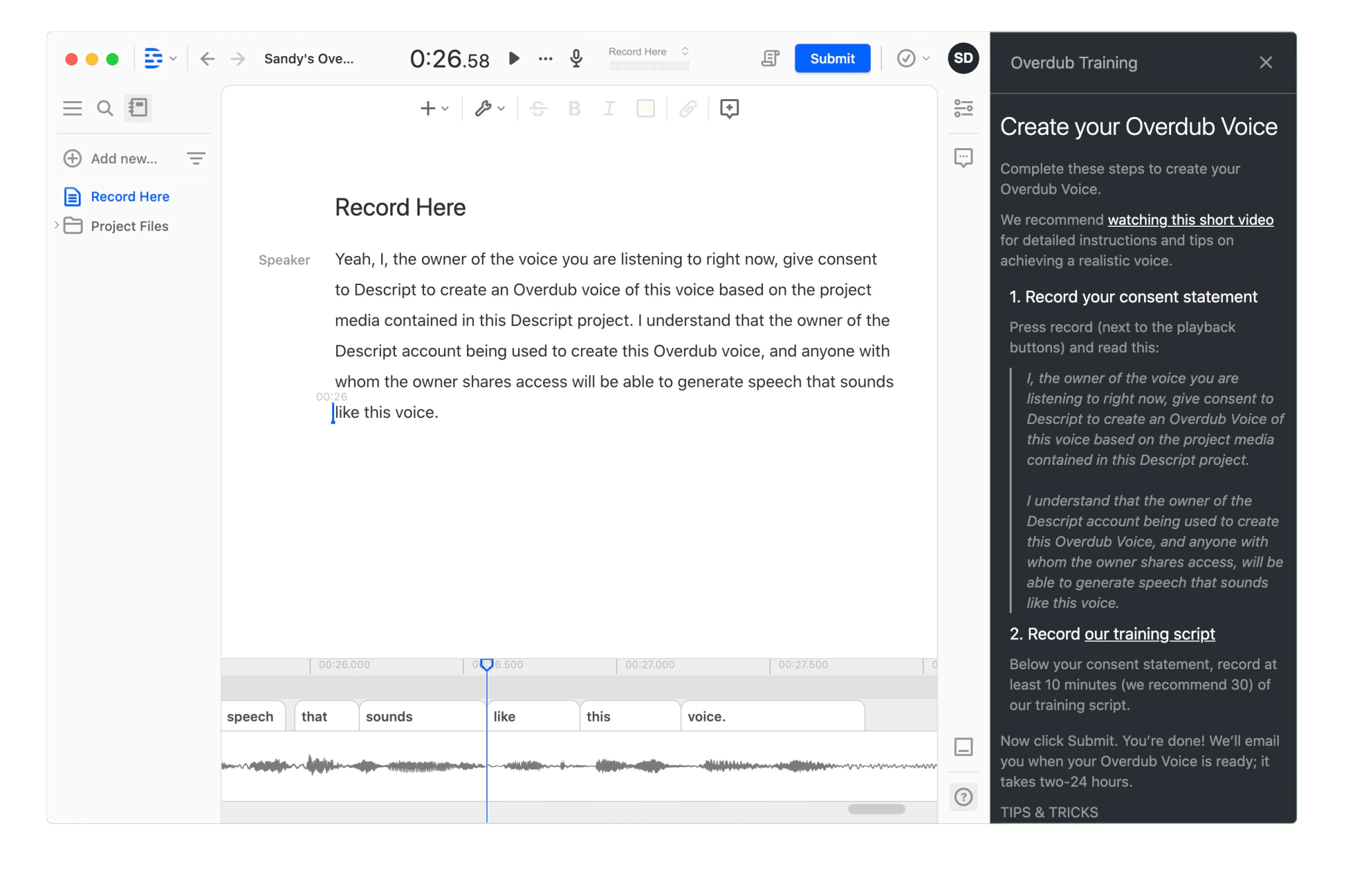 New: Free Overdub on all Descript accounts, with easier voice cloning