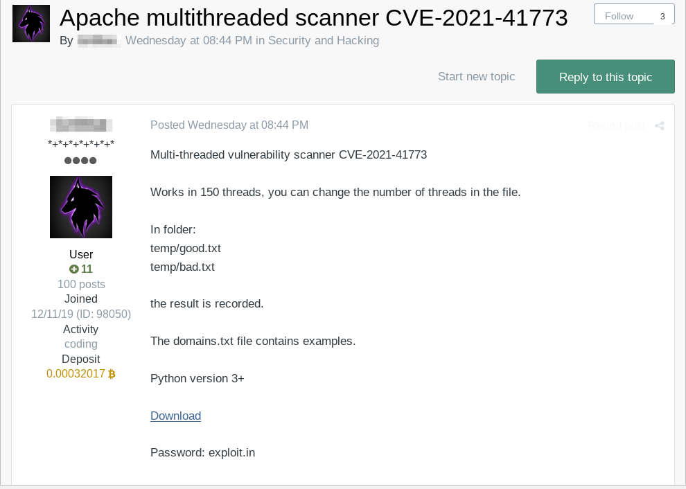 Apache CVE-2021-41773 Scanning Tool Shared on Cybercrime Forum | Threat Intelligence | CloudSEK